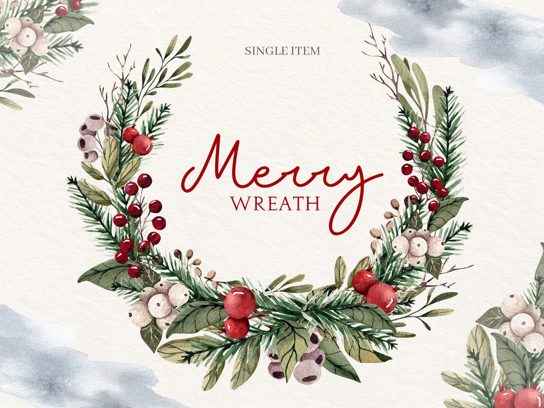 Watercolor Christmas Wreath Clipart: Winter Greenery (PNG Digital ...