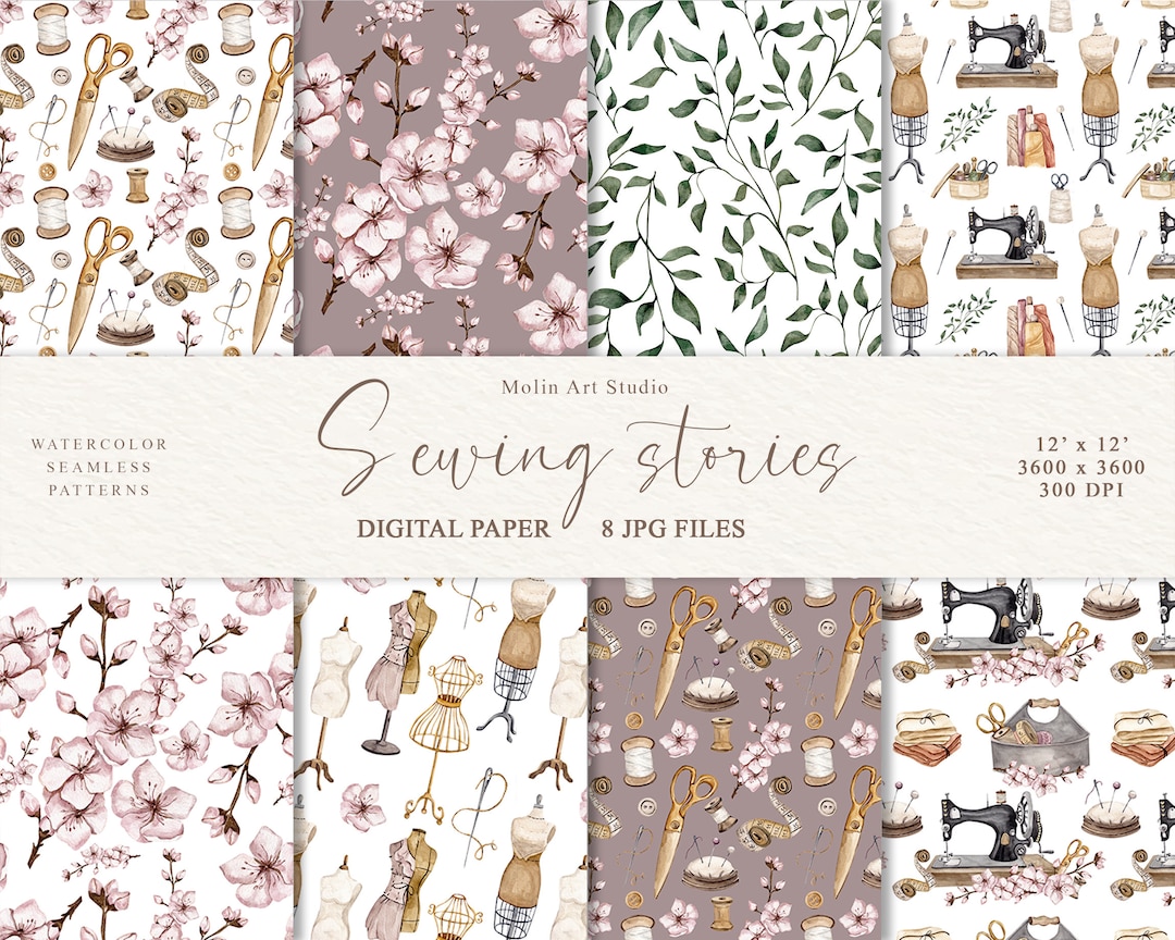 Watercolor Sewing Pattern, Digital Paper Pack, Scrapbook Papers, Sewing ...