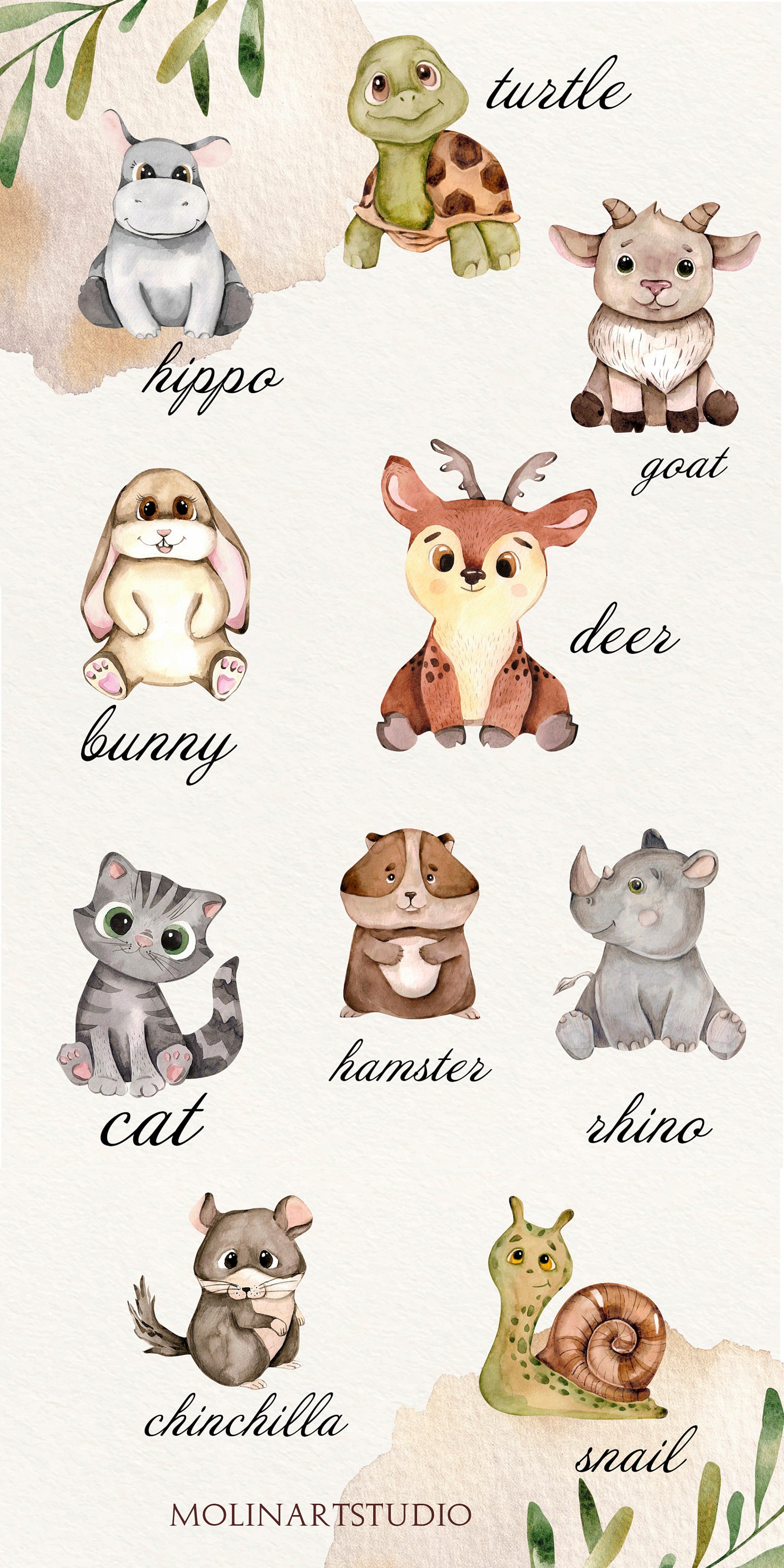 Cute Baby Animals Watercolor Clipart Deer Rhino Flamingo | Etsy