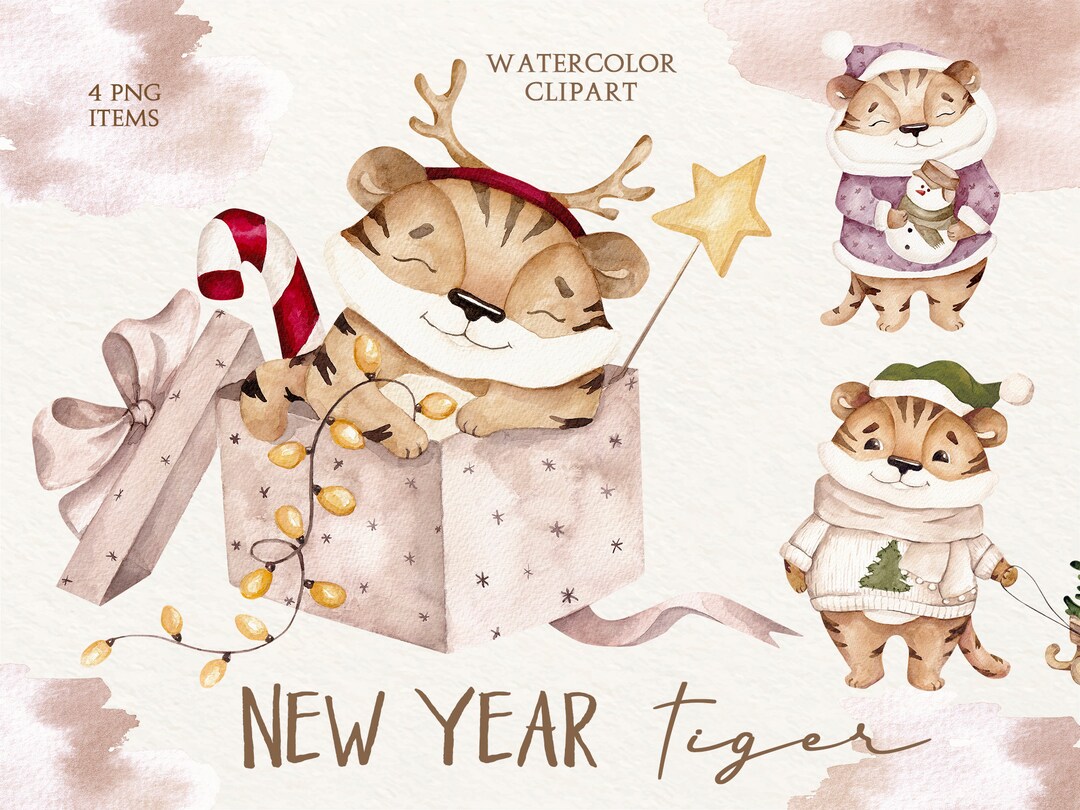 Tiger 2022 Clipart, Watercolor Christmas Clipart, Cute Cartoon Tigers ...