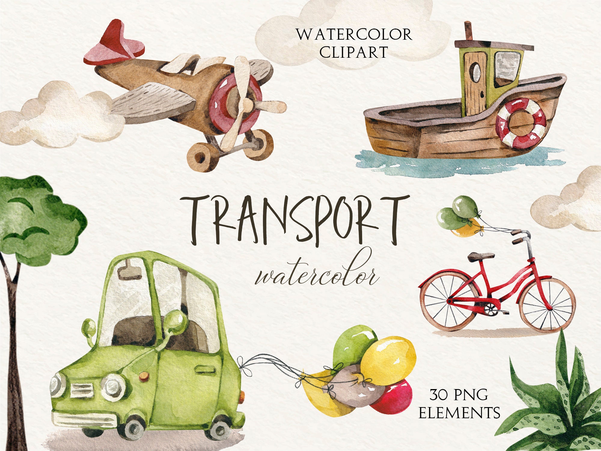 Watercolor Transport Clipart: Airplane, Car, Boat (PNG) - Etsy UK