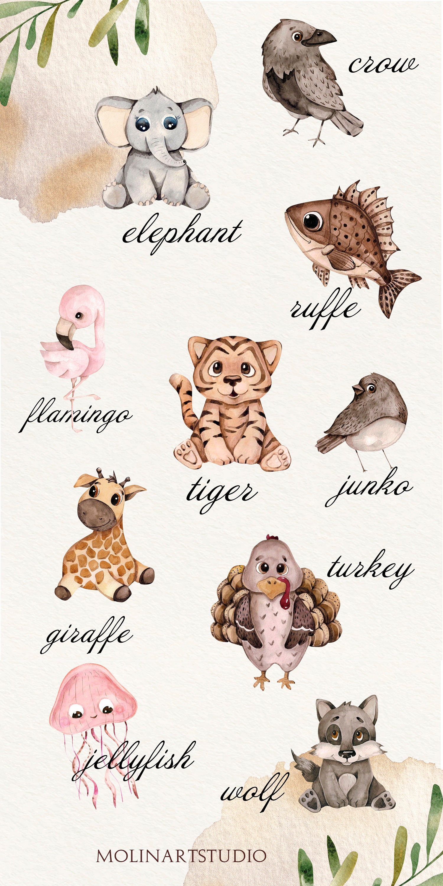 Cute Baby Animals Watercolor Clipart Deer Rhino Flamingo - Etsy