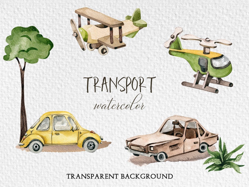 Watercolor Transport Clipart Kid plane Watercolor Car | Etsy