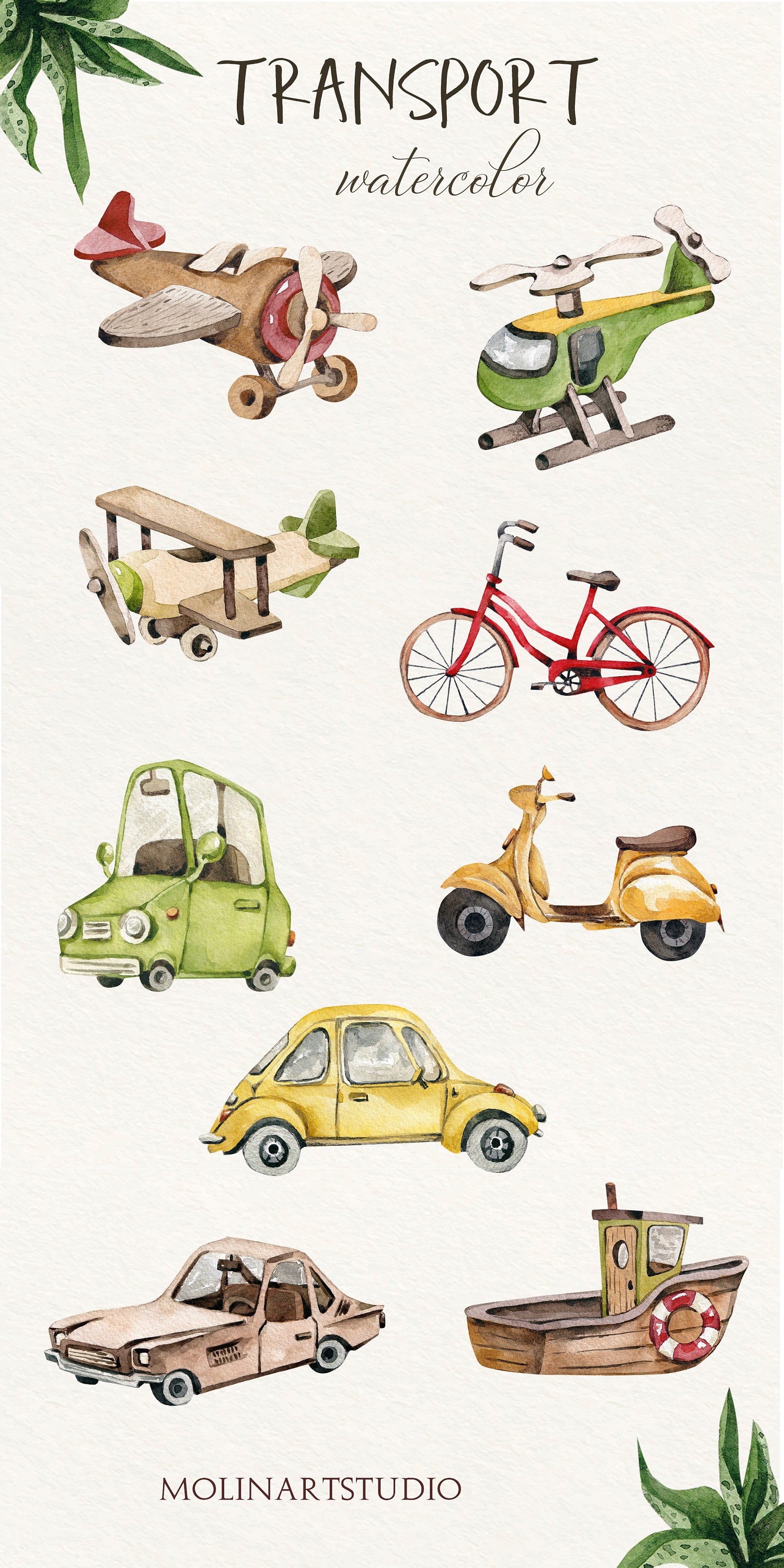 Watercolor Transport Clipart Kid Plane Watercolor Car | Etsy