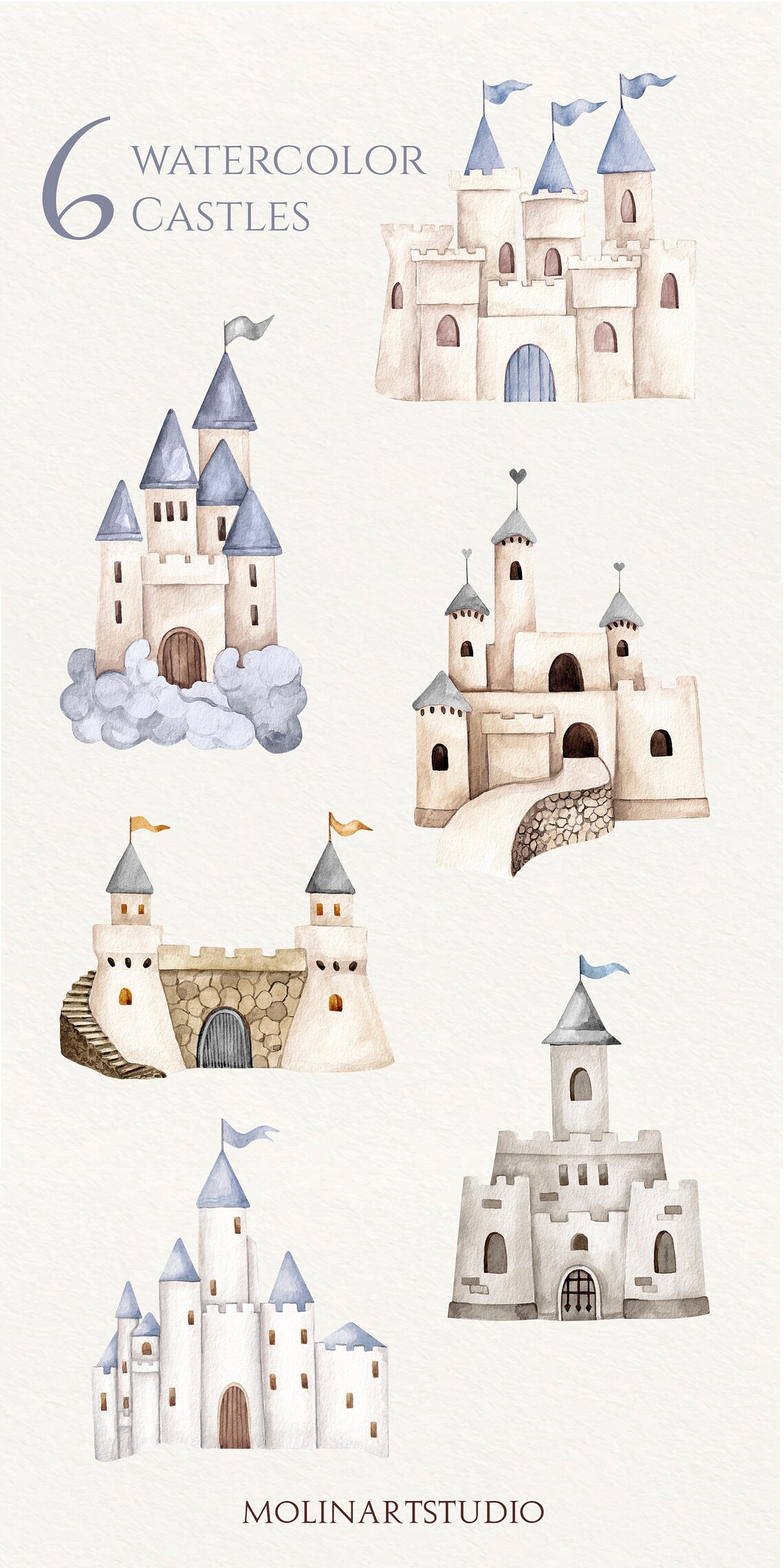 Watercolor Blue Castle Clipart: Fairytale Nursery Art (PNG) - Etsy