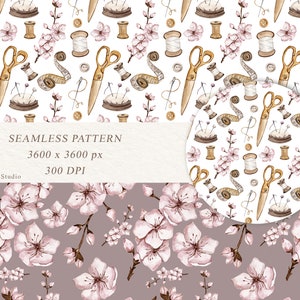 Watercolor Sewing Pattern, Digital Paper Pack, Scrapbook Papers, Sewing ...