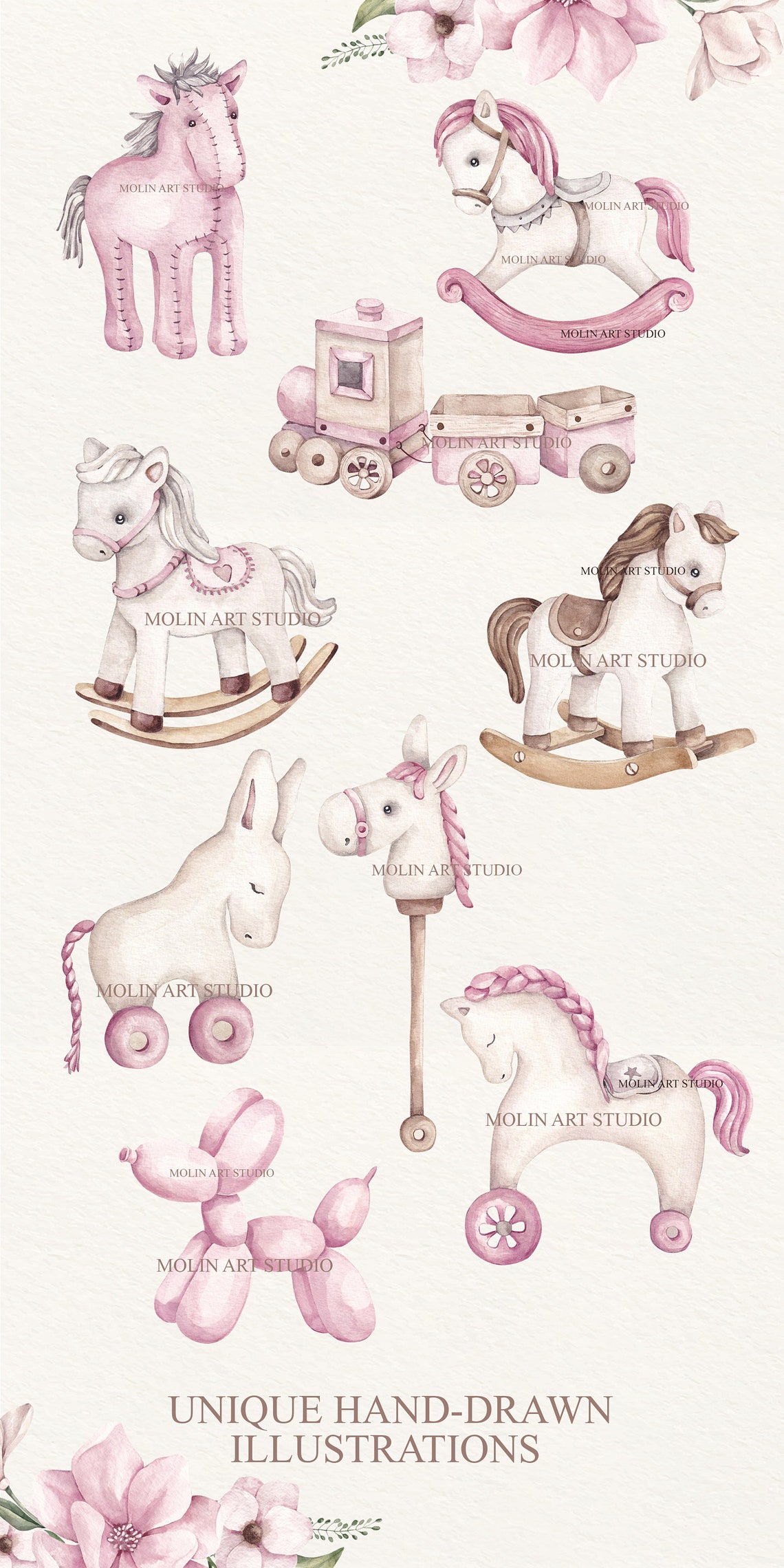 Watercolor Baby Toys Clipart: Rocking Horse, Boho Nursery (PNG) - Etsy