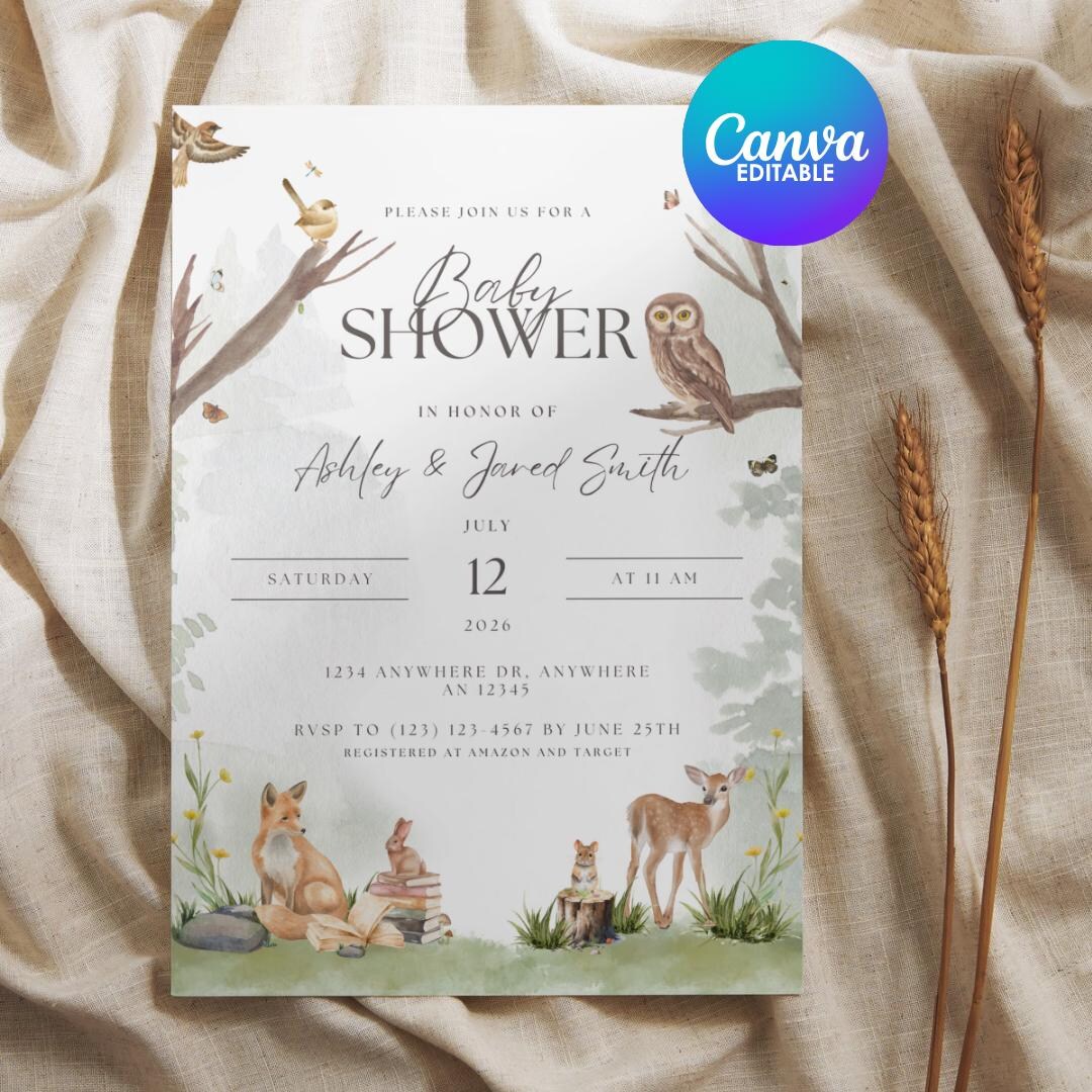 Woodland Baby Shower Invitation: Forest Animals, Mountain Design (canva ...