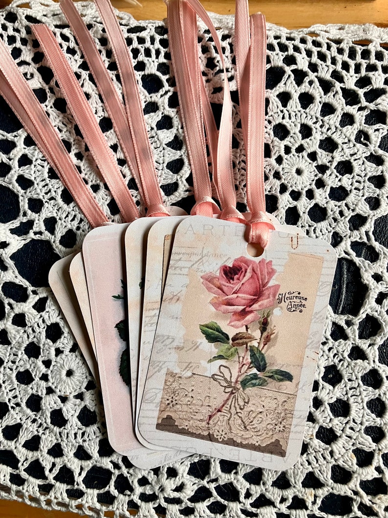 Set of 6 French Pink Rose Hang Tags, Bookmarks, Junk Journal Tags ...