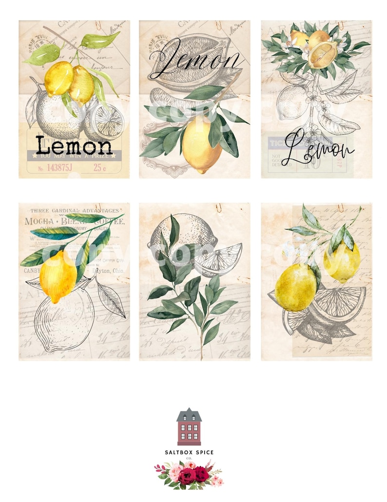 Lemon Watercolor Tags, Lemon Hang Tags, ATC Digital Tags, Digital ...