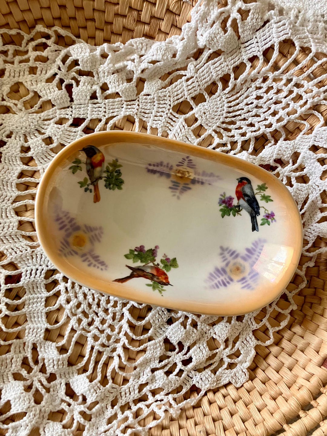 Vintage German Lusterware Celery Dish With Birds | Hand Painted ...