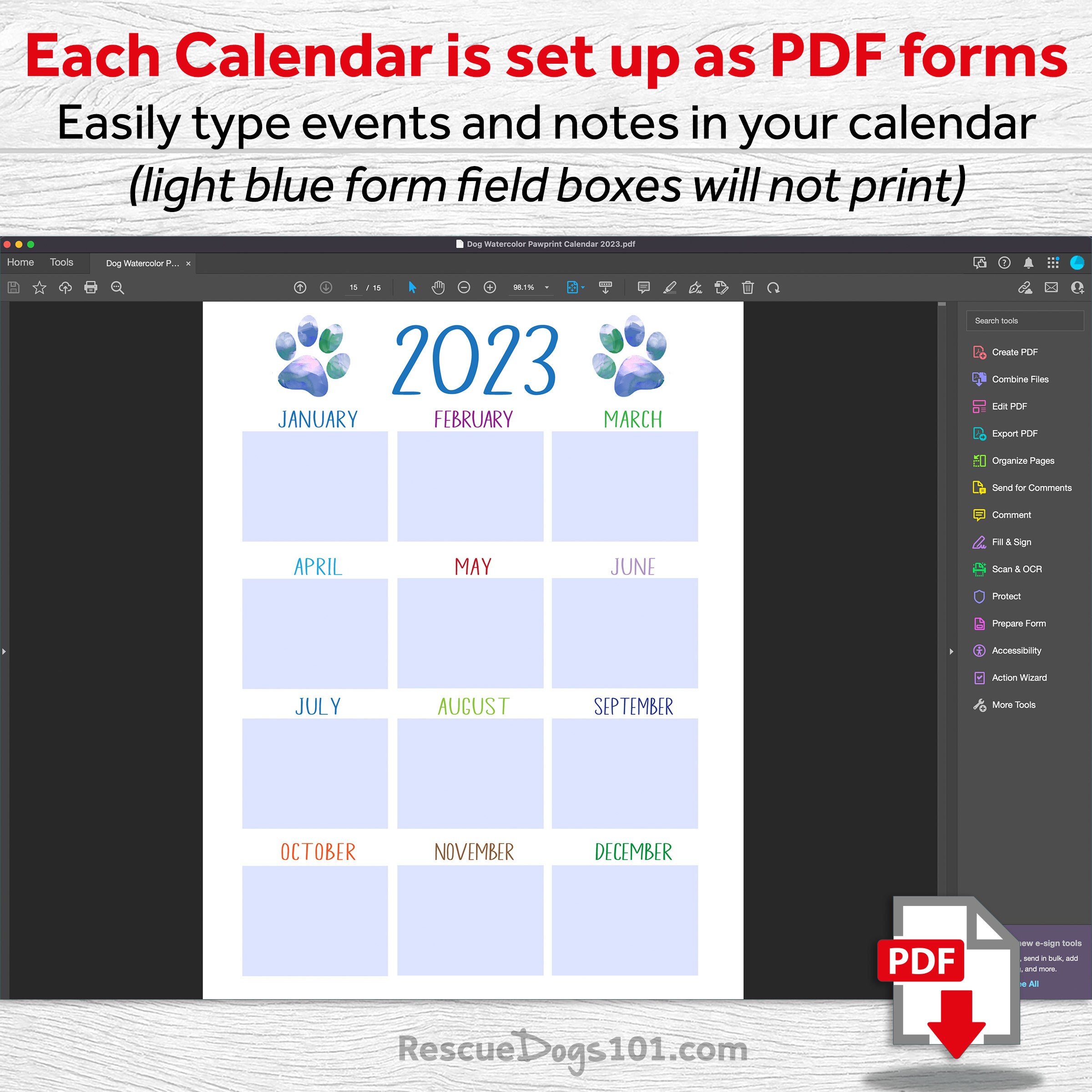 2024 Watercolor Dog Printable Calendar Bundle PDF Form Fillable Monthly ...