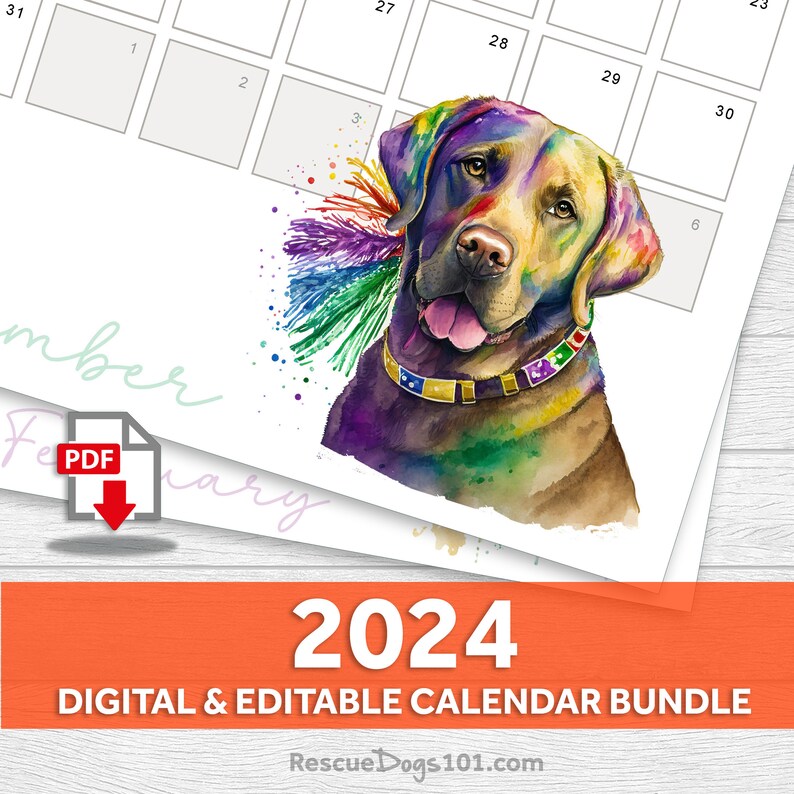 2024 Watercolor Dog Printable Calendar Bundle PDF Form Fillable Monthly ...
