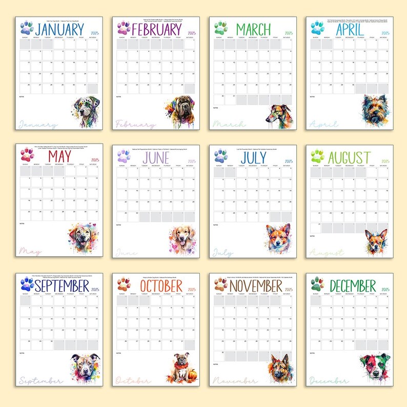 2025 Watercolor Dog Printable Calendar Bundle | Vibrant Dog Art With ...