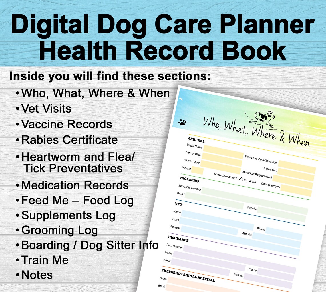 Dog Care Printable Planner, Dog Records Organizer, Digital With ...