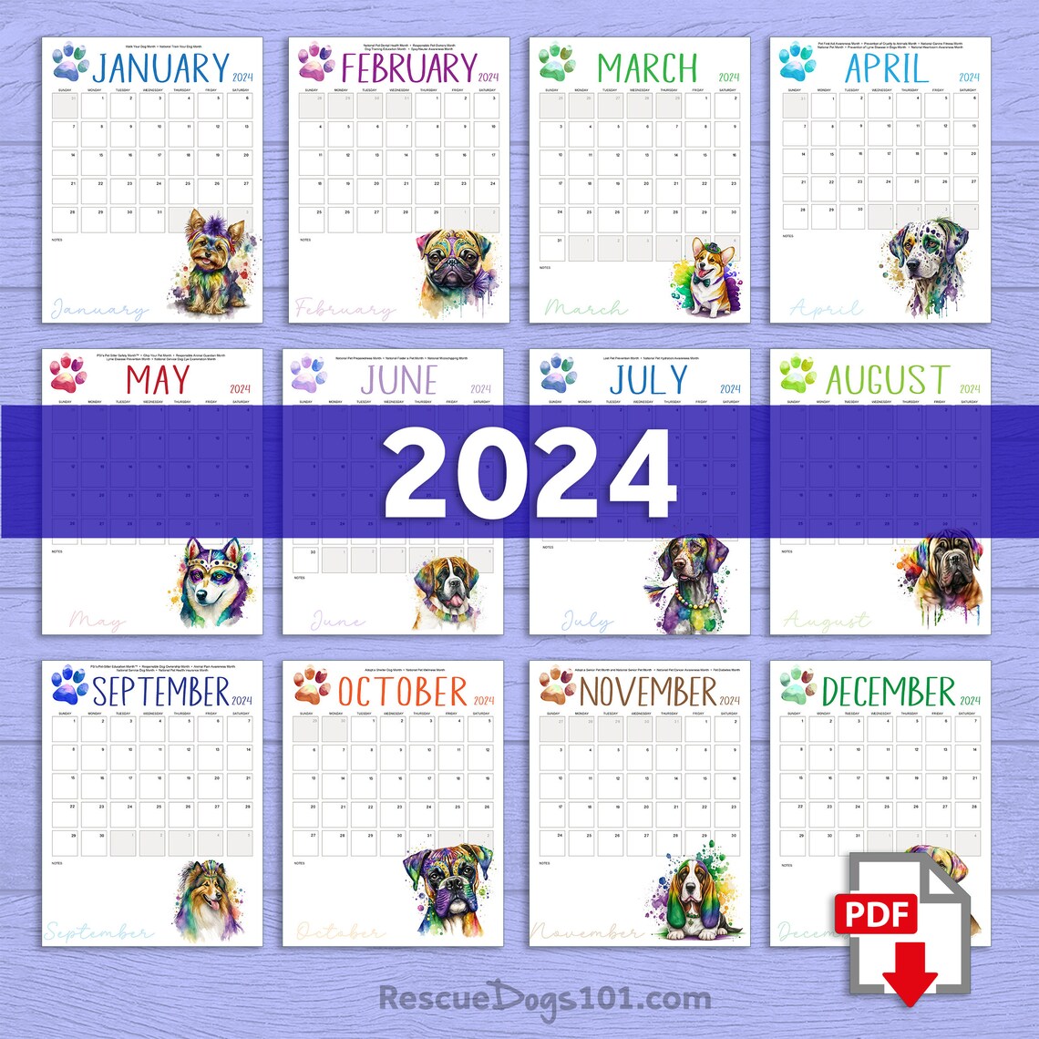 2024 Watercolor Dog Printable Calendar Bundle PDF Form Fillable Monthly ...