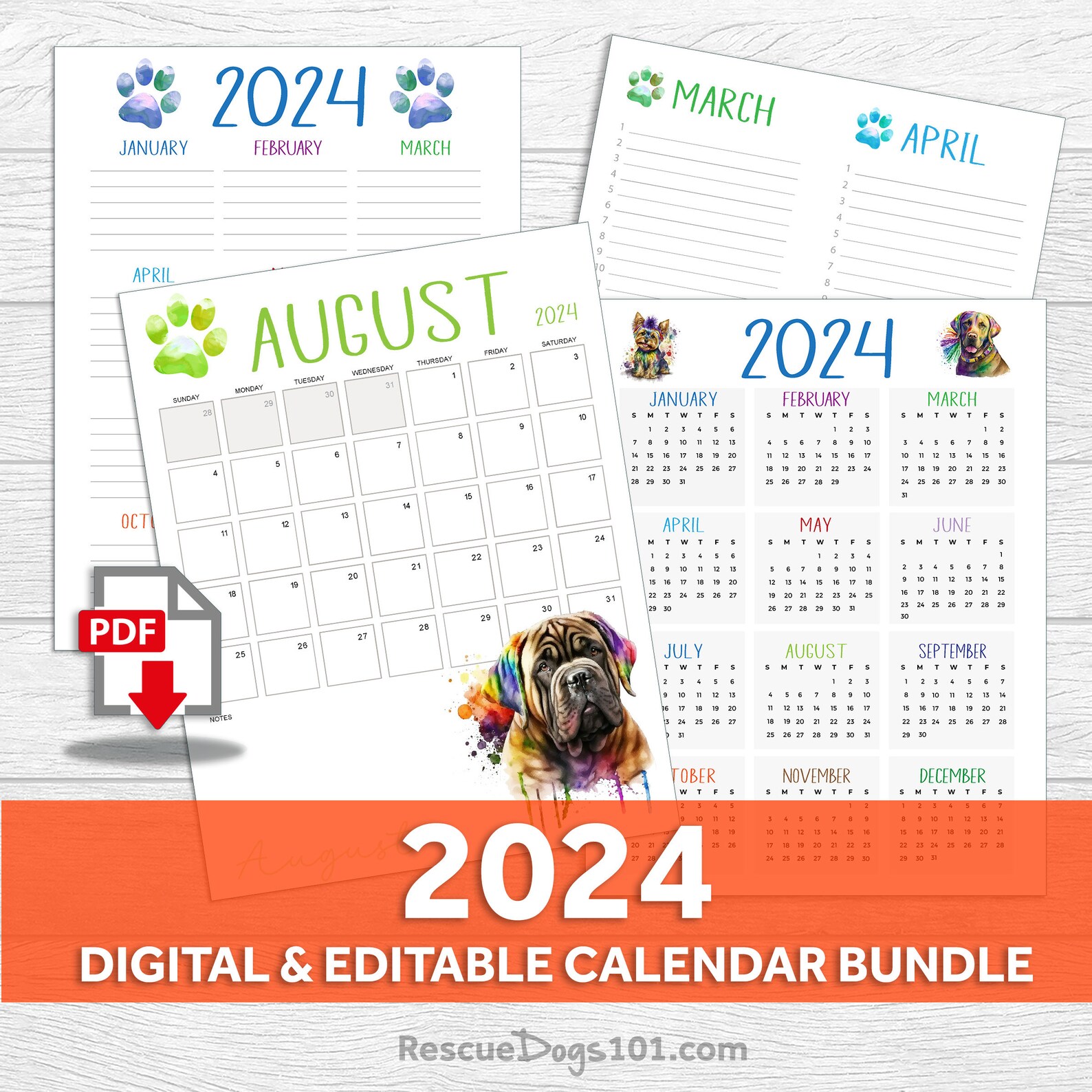 2024 Watercolor Dog Printable Calendar Bundle PDF Form Fillable Monthly ...