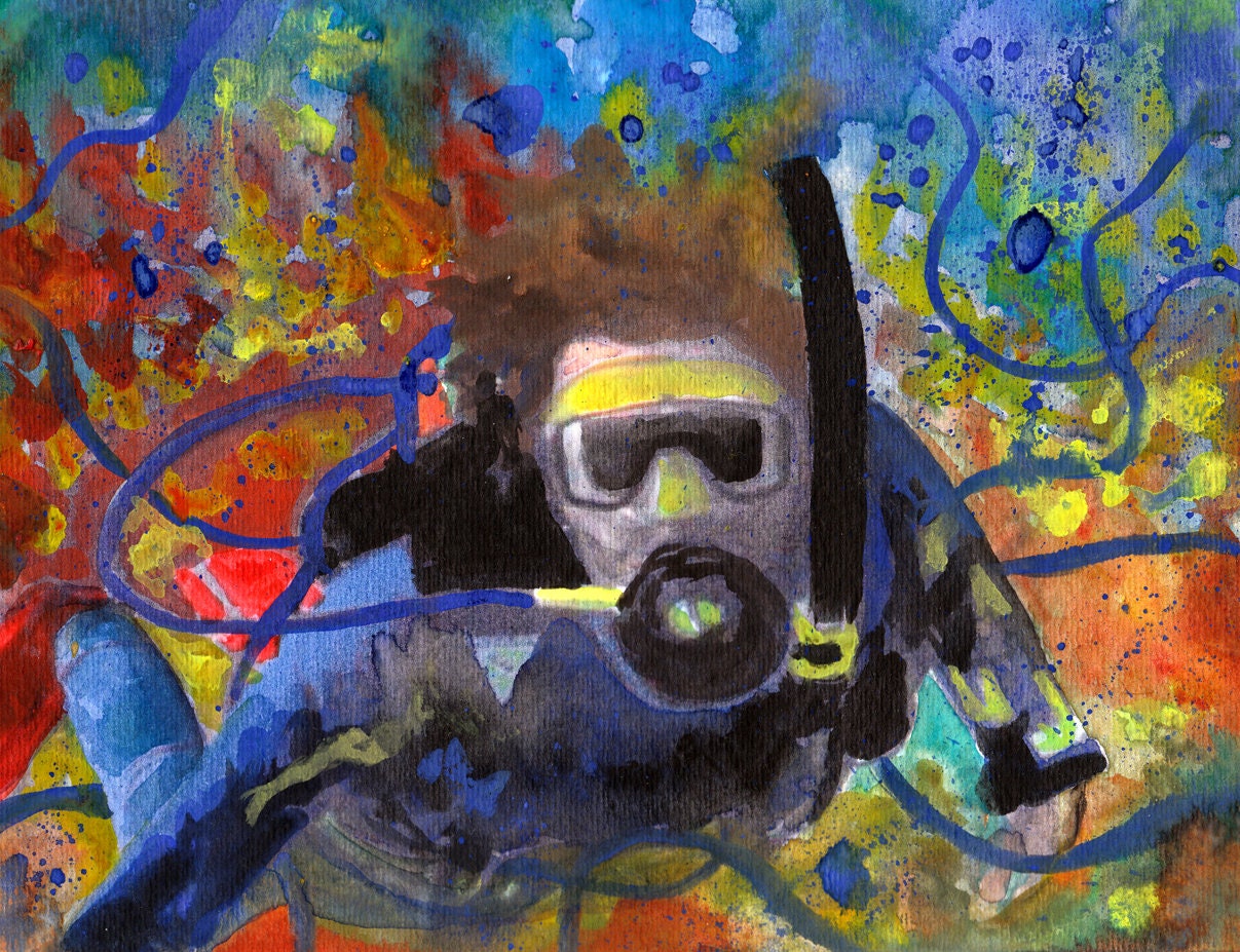 Scuba Diver Tangled Original Watercolor Painting Abstract Art Ocean ...