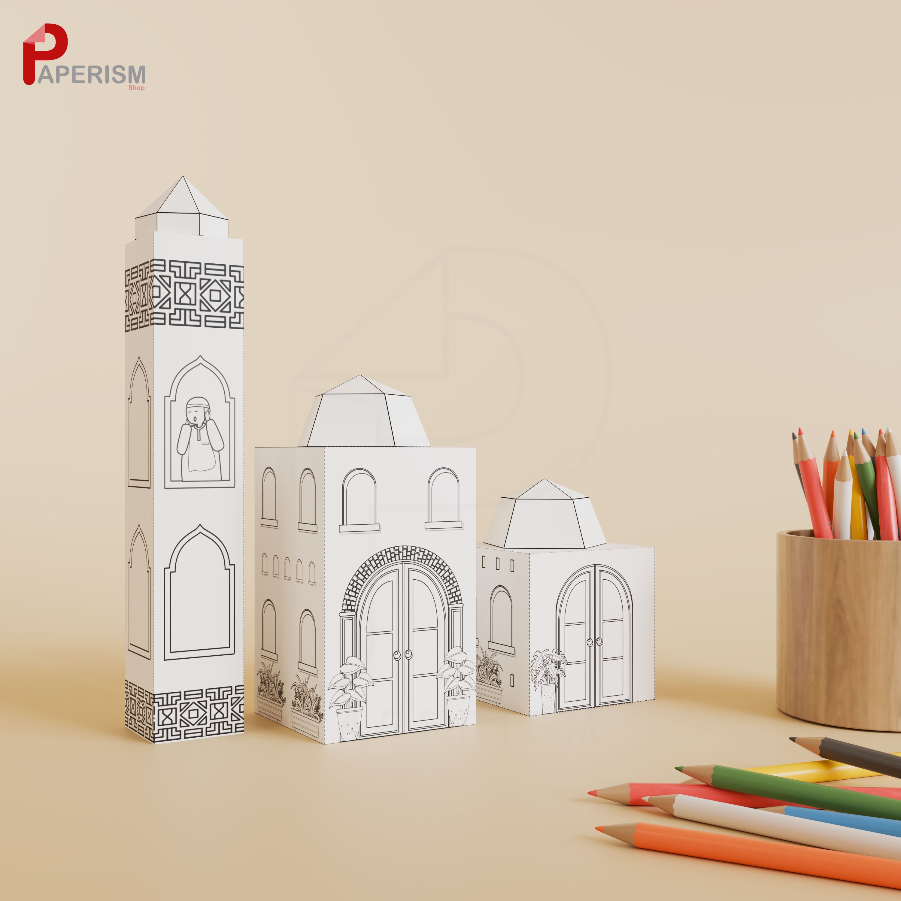 3D Mosque Coloring Papercraft, PRINTABLE Ramadan Crafts for Kids, Paper ...