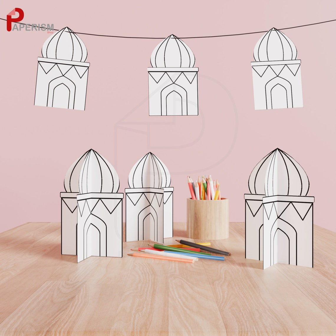 3D Mosque Coloring Papercraft, PRINTABLE Ramadan Crafts for Kids, Paper ...