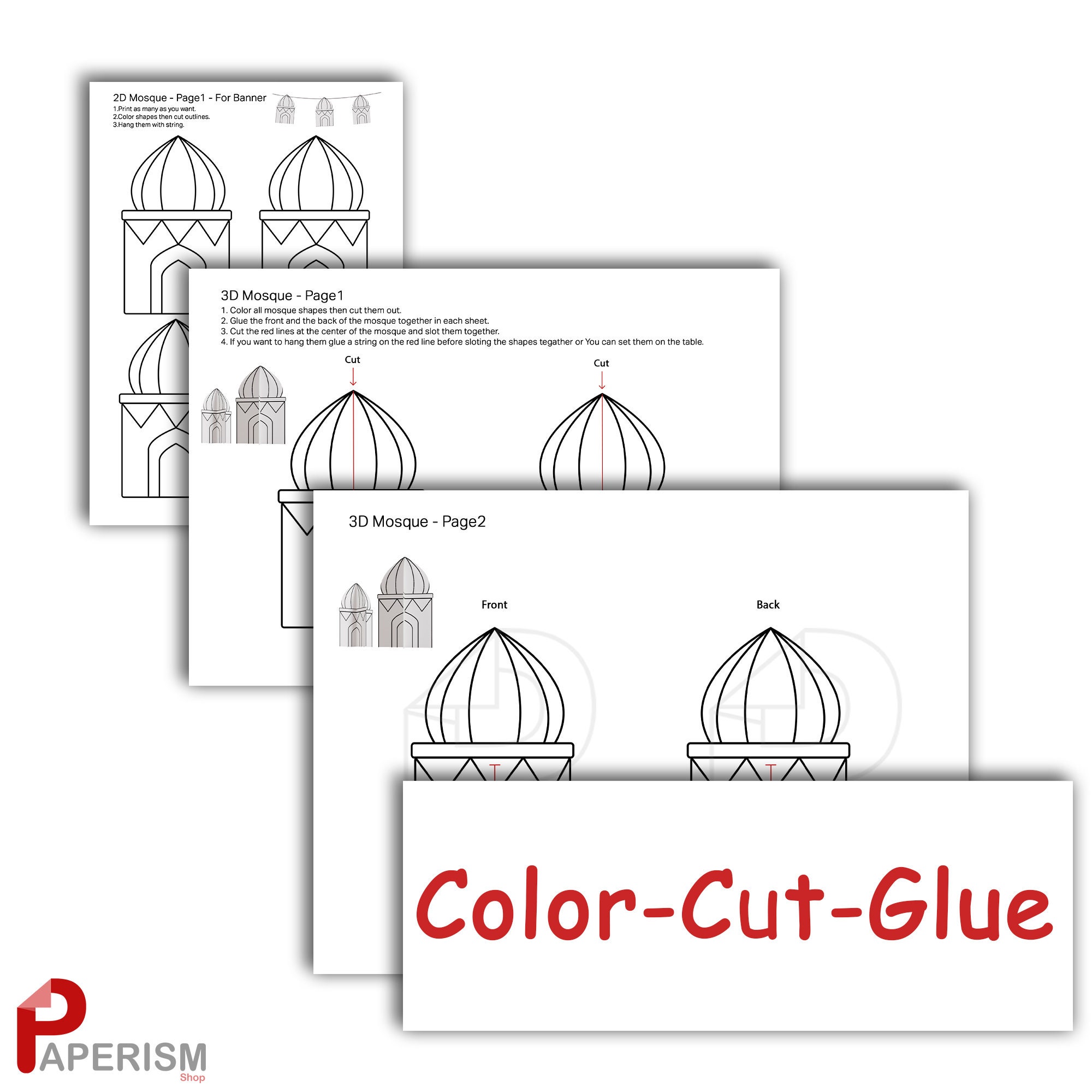 3D Mosque Coloring Papercraft, PRINTABLE Ramadan Crafts for Kids, Paper ...