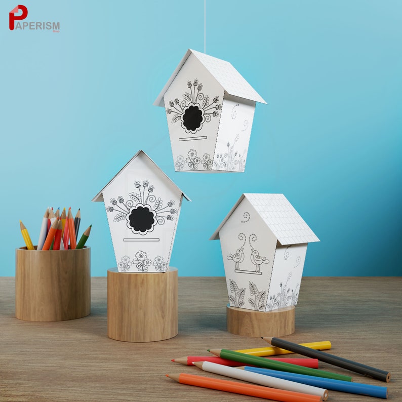 3D Bird House Coloring Papercraft, PRINTABLE Spring Crafts for Kids ...