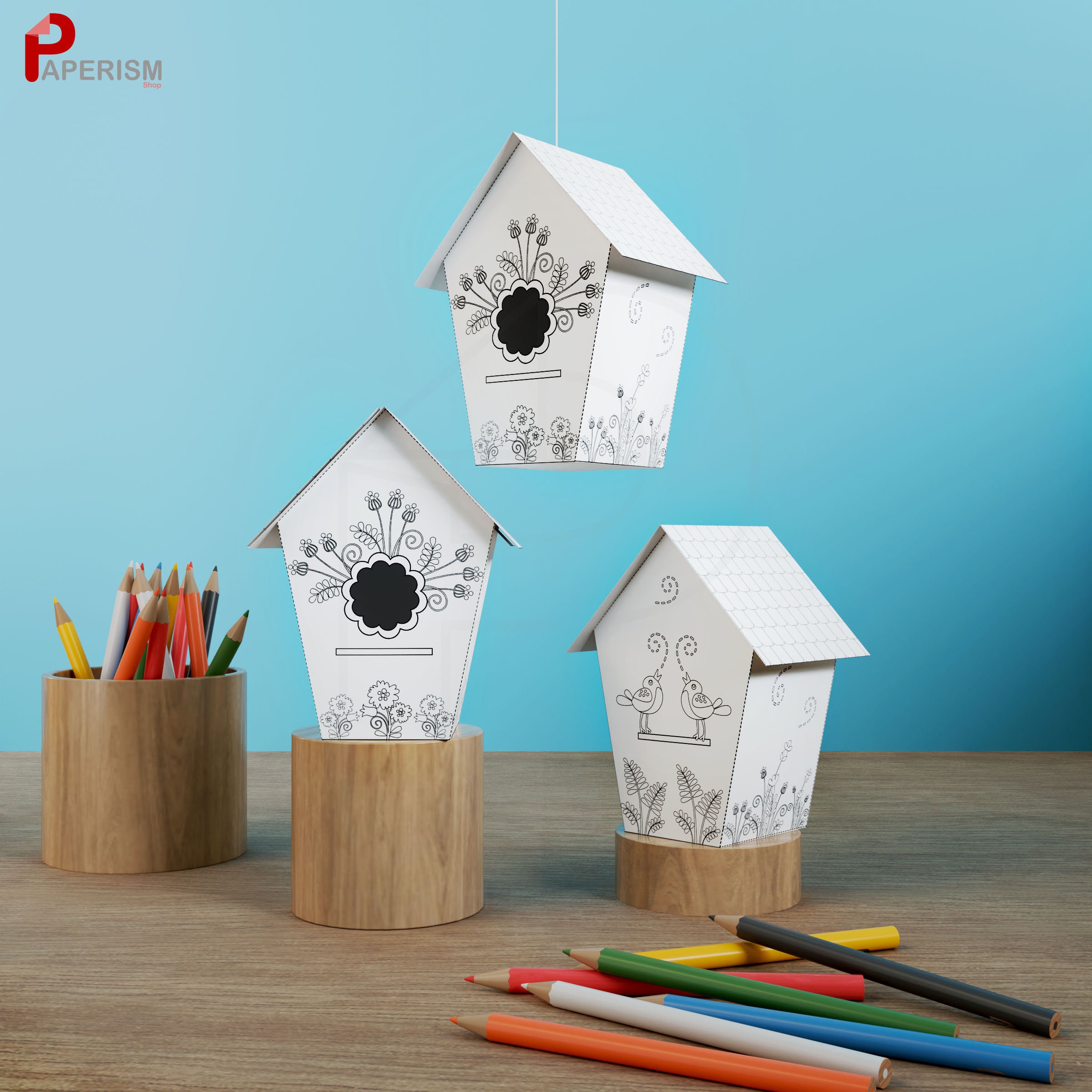 3D Bird House Coloring Papercraft, PRINTABLE Spring Crafts for Kids ...