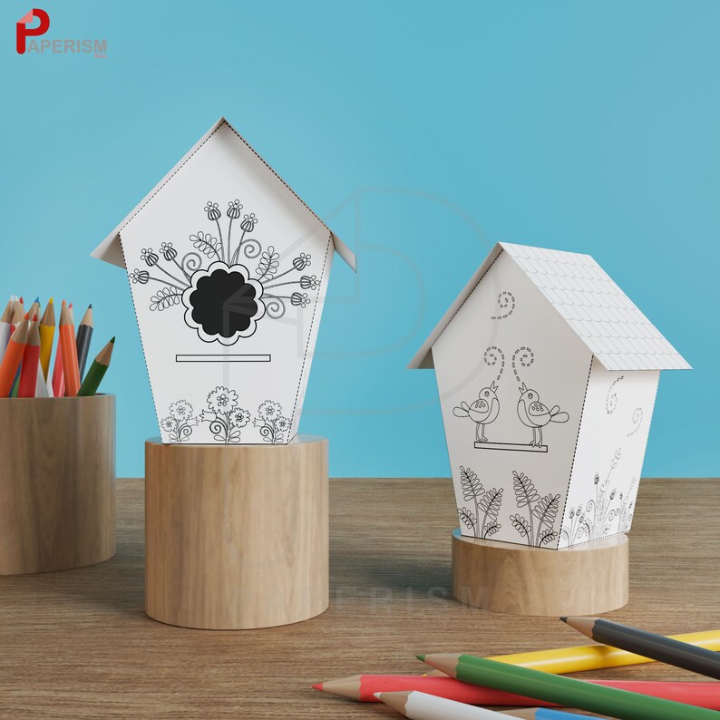 3D Bird House Coloring Papercraft, PRINTABLE Spring Crafts for Kids ...