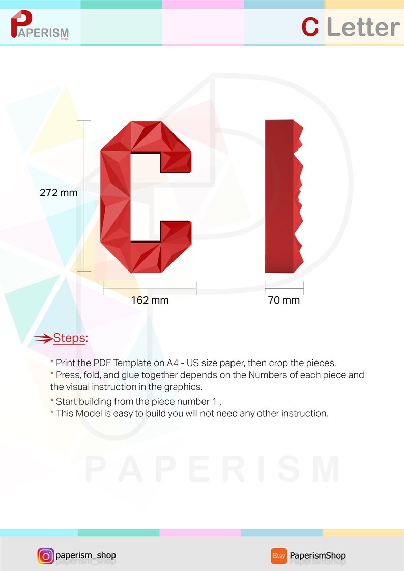 C Letter Low Poly Papercraft, Alphabet C, 3D Letter, 3d Origami Letter ...