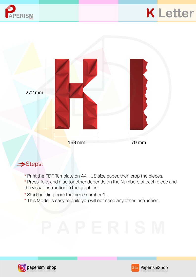 K Low Poly Papercraft, Letter, K 3D, 3D Lyric, Gift, Papercraft Letters ...
