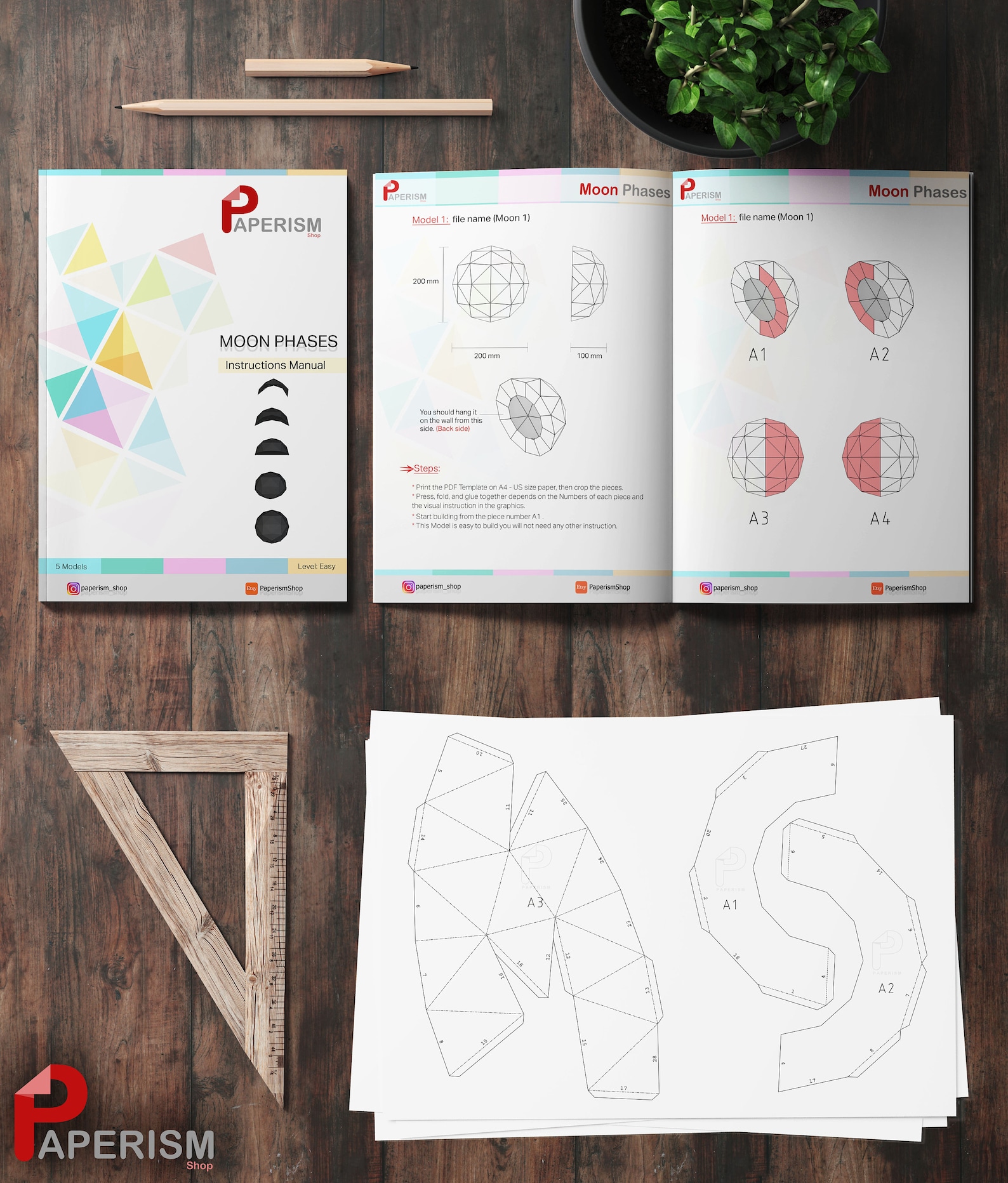 Moon 5 Phases 3d Papercraft Decoration, Pdf Template Kit, Low Poly ...