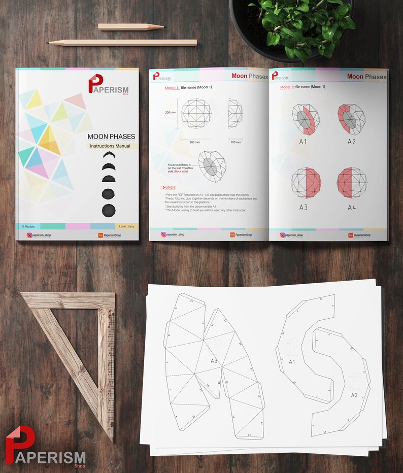 Moon 5 Phases 3d Papercraft Decoration, Pdf Template Kit, Low Poly ...