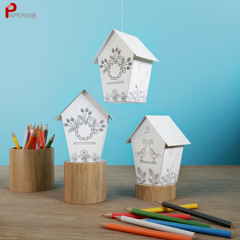 3D Bird House Coloring Papercraft, PRINTABLE Spring Crafts for Kids ...