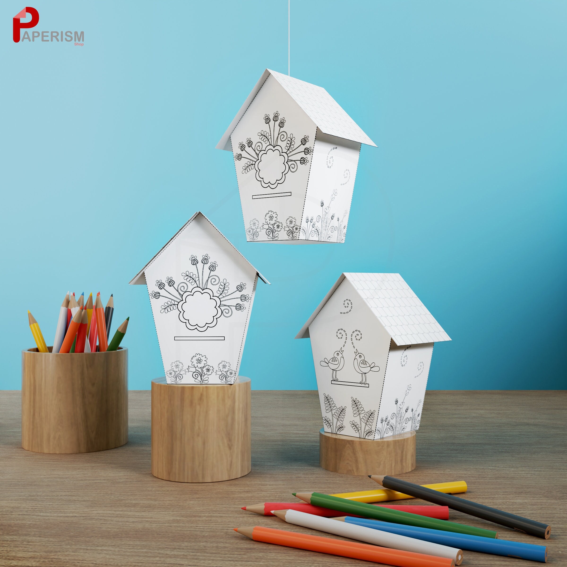 3D Bird House Coloring Papercraft, PRINTABLE Spring Crafts for Kids ...
