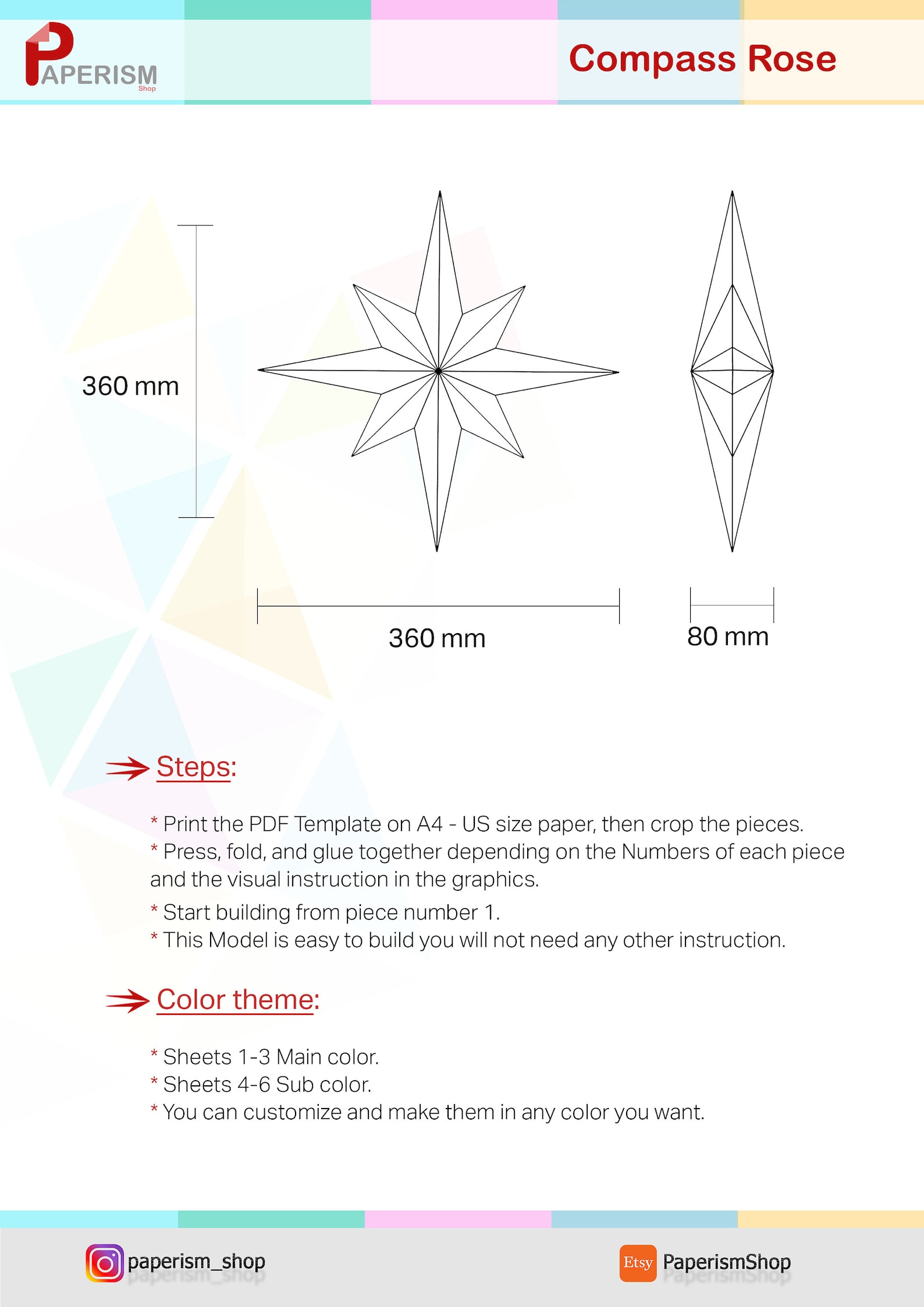 Compass Rose Pdf Printable Template, SVG Origami Northstar, Hanging ...