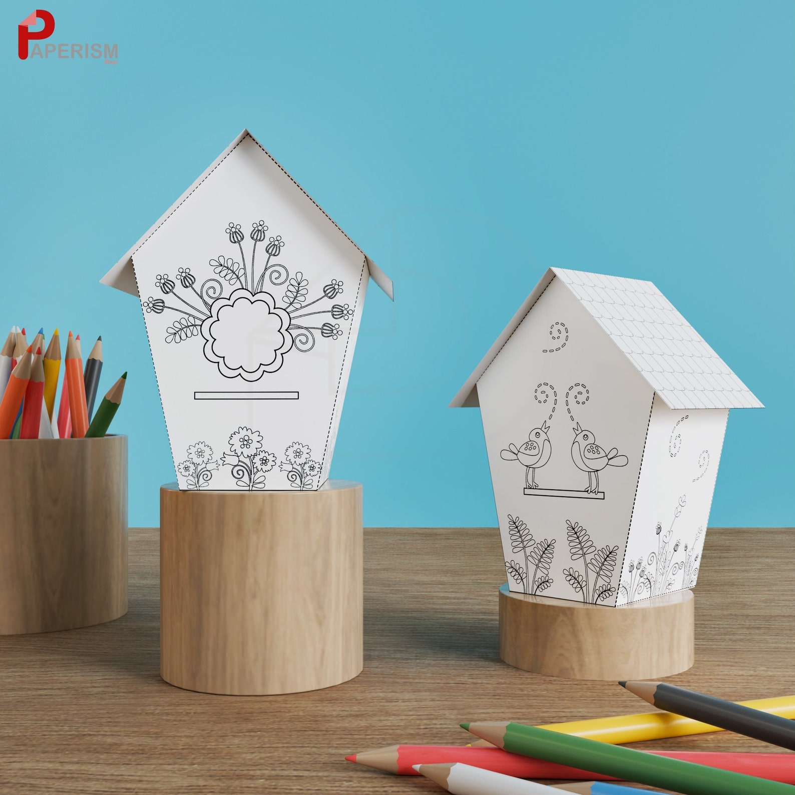 3D Bird House Coloring Papercraft, PRINTABLE Spring Crafts for Kids ...