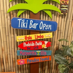 Tiki Bar Open Wooden Palmtree Sign, Tropical Yard Post, Summer Aloha ...