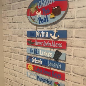 Wood Pool Wall Hanging Sign Set, Handmade Oval Shaped Decor With 6 Fun ...