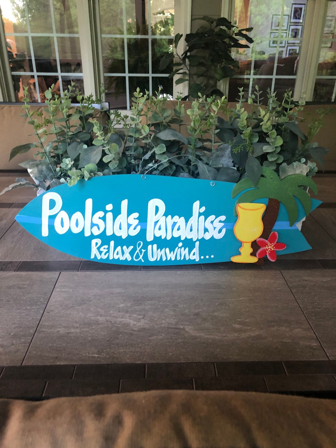 Poolside Paradise Relax Unwind Sign, Wood Surfboard Swimming Pool Sign ...
