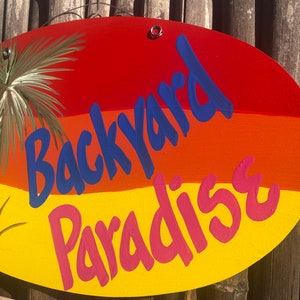 Backyard Paradise Hand Painted Wood Wall Hanger Sign Personalized Tiki ...