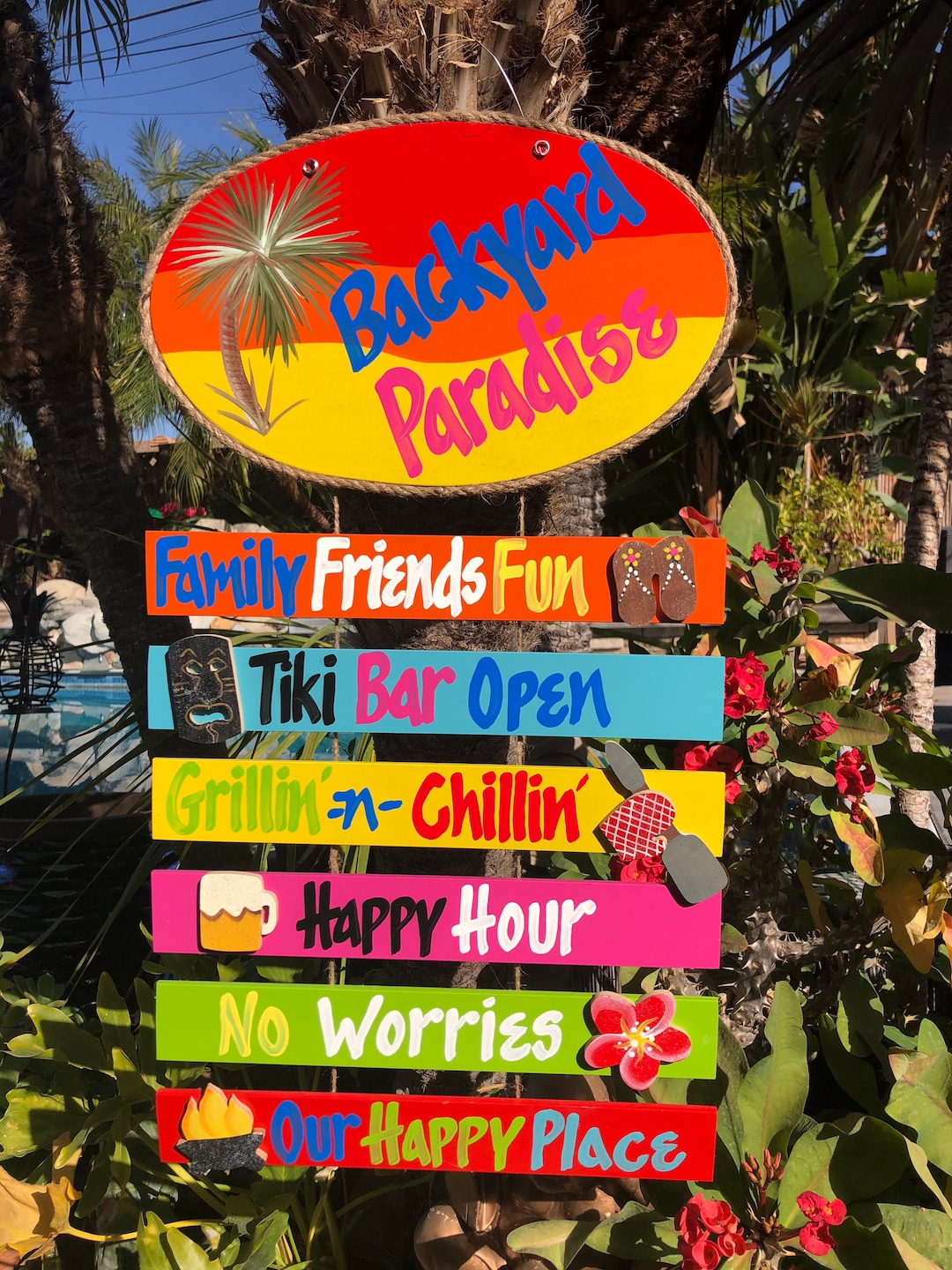 Backyard Paradise Hand Painted Wood Wall Hanger Sign Personalized Tiki ...