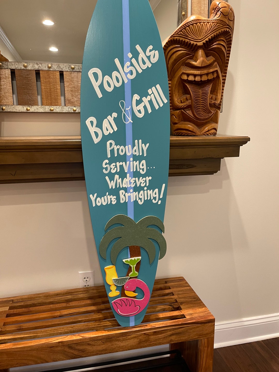 Poolside Bar & Grill Longboard Wood Surfboard Sign, Tropical Coastal ...