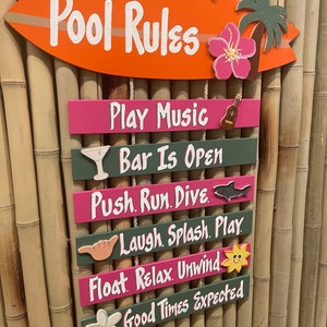 20x 24 Pool Rules Surfboard Sign, Personalized Wood Surf Board With 6 ...