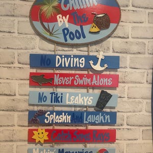 Wood Pool Wall Hanging Sign Set, Handmade Oval Shaped Decor With 6 Fun ...