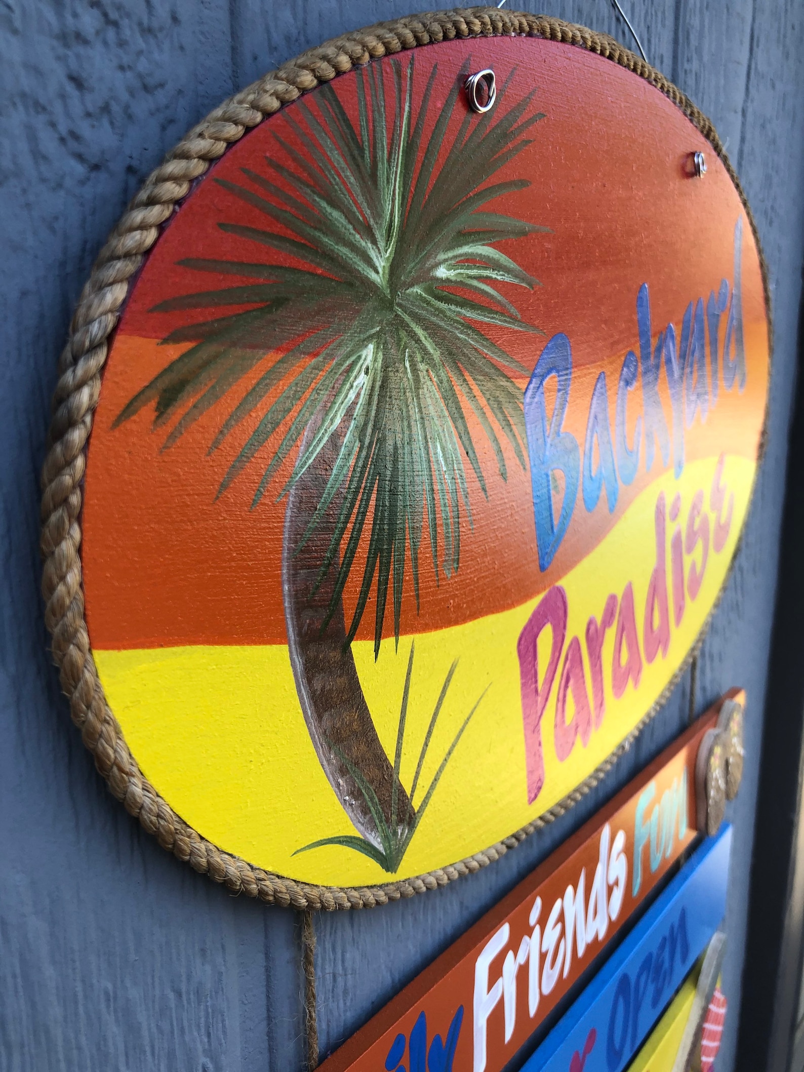 Backyard Paradise Hand Painted Wood Wall Hanger Sign Personalized Tiki ...