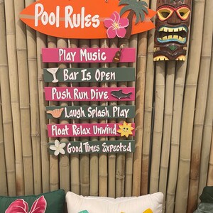20x 24 Pool Rules Surfboard Sign, Personalized Wood Surf Board With 6 ...