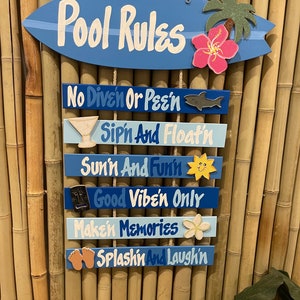 Pool Rules Custom Surfboard Poolside Decor. Backyard Wood Pool Sign ...