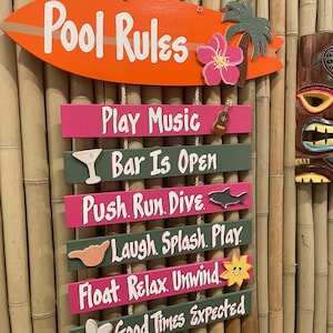 20x 24 Pool Rules Surfboard Sign, Personalized Wood Surf Board With 6 ...