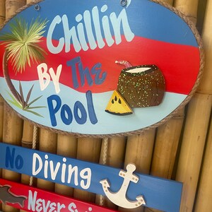 Wood Pool Wall Hanging Sign Set, Handmade Oval Shaped Decor With 6 Fun ...
