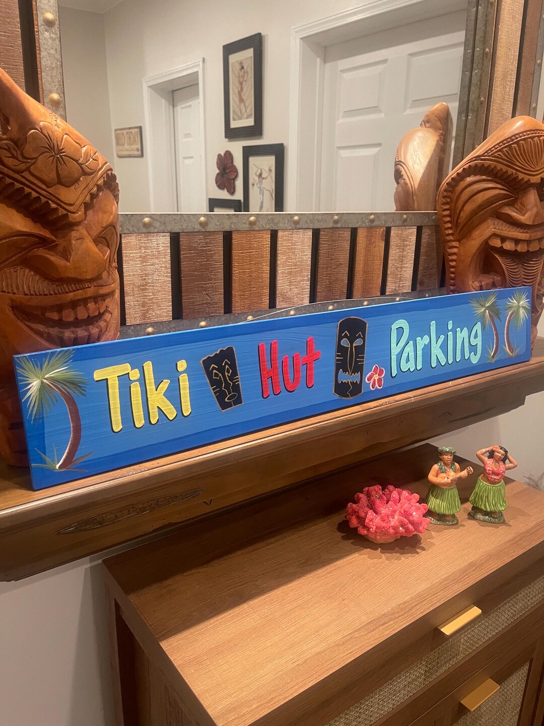 Tiki Hut Patio Decor, Unique Handcrafted Cedar Wood Sign Featuring Palm ...